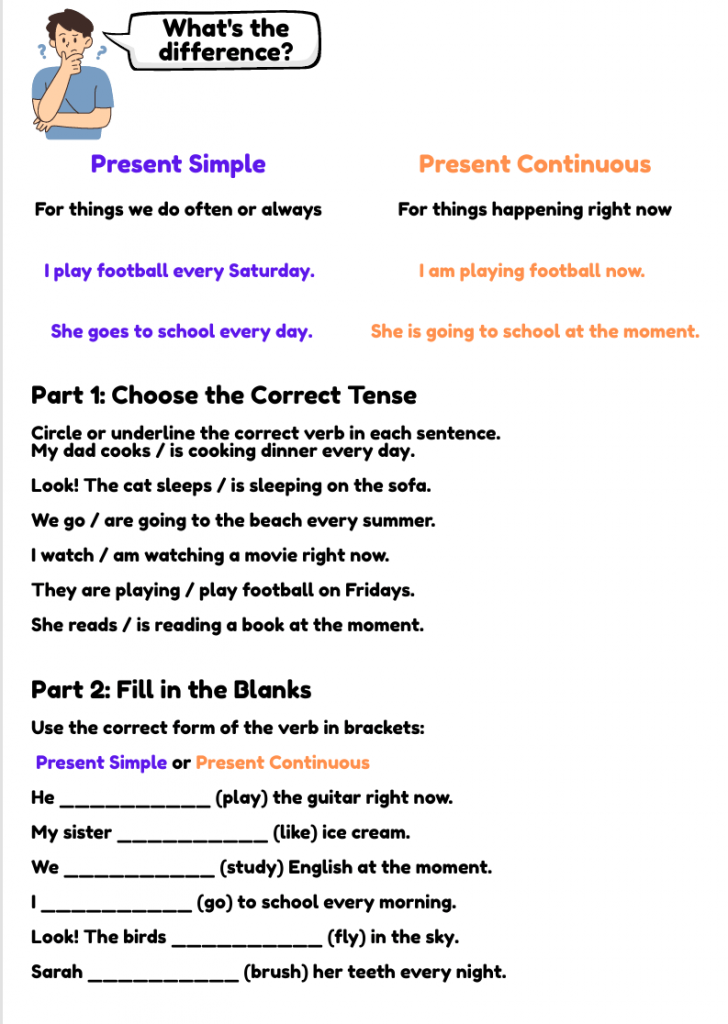 Present Simple vs Present Continuous Worksheet | Fun Grammar Practice ...