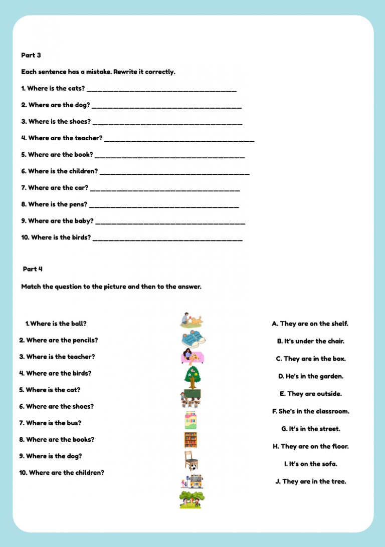 Where Is / Where Are Worksheets for Kids (Ages 6–10) – ESL Grammar ...