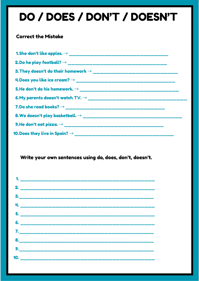 Do, Does, Don’t, Doesn’t Worksheet for Kids (Ages 8–12) | Present ...