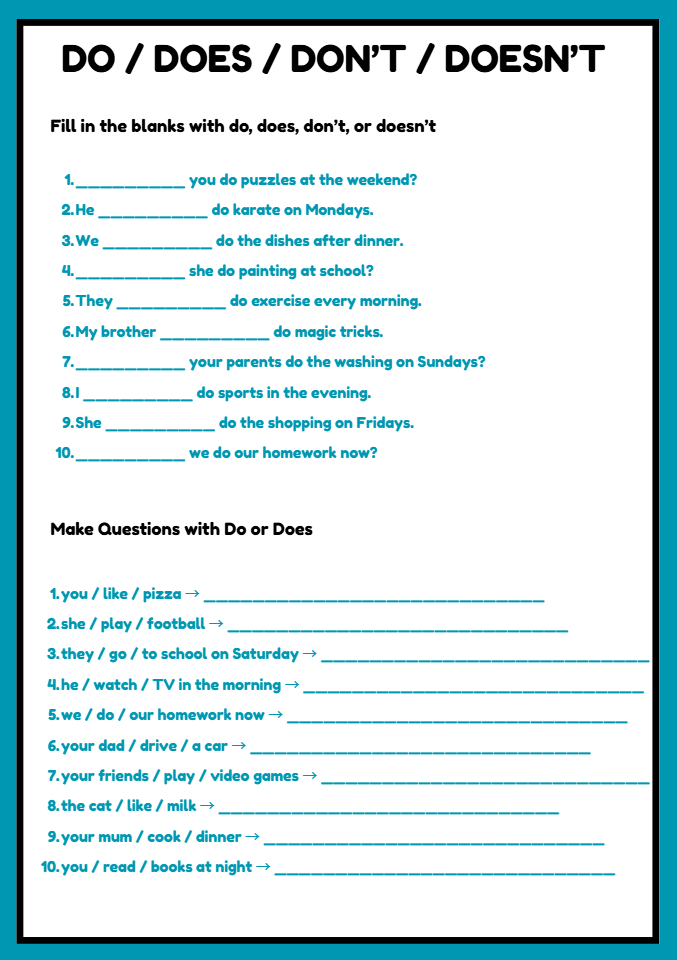 Do, Does, Don’t, Doesn’t Worksheet for Kids (Ages 8–12) | Present ...