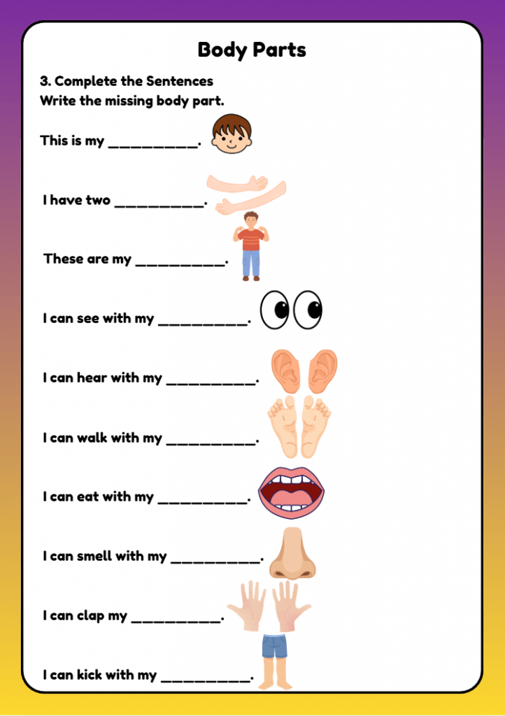 Pre-A1 Body Parts Worksheet for Kids (Ages 4–7) - Mr English
