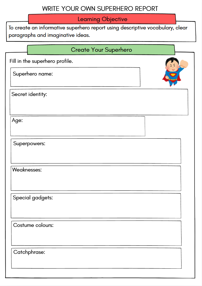 Year 4 Superhero Report Writing Worksheet | Creative Writing Activity ...