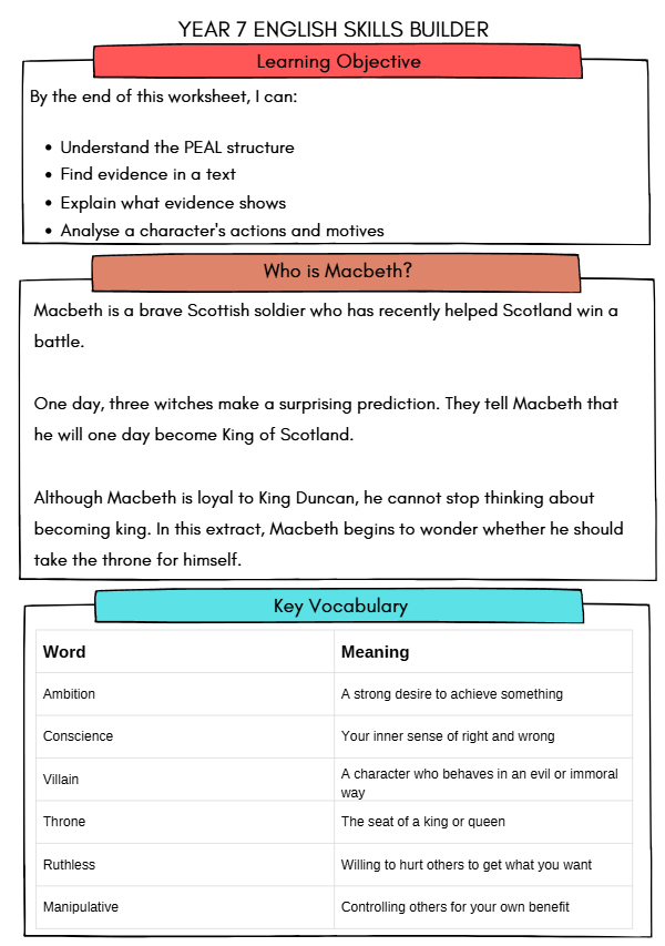 Macbeth Villain or Victim? PEAL Paragraph Skills Builder | Year 7 ...