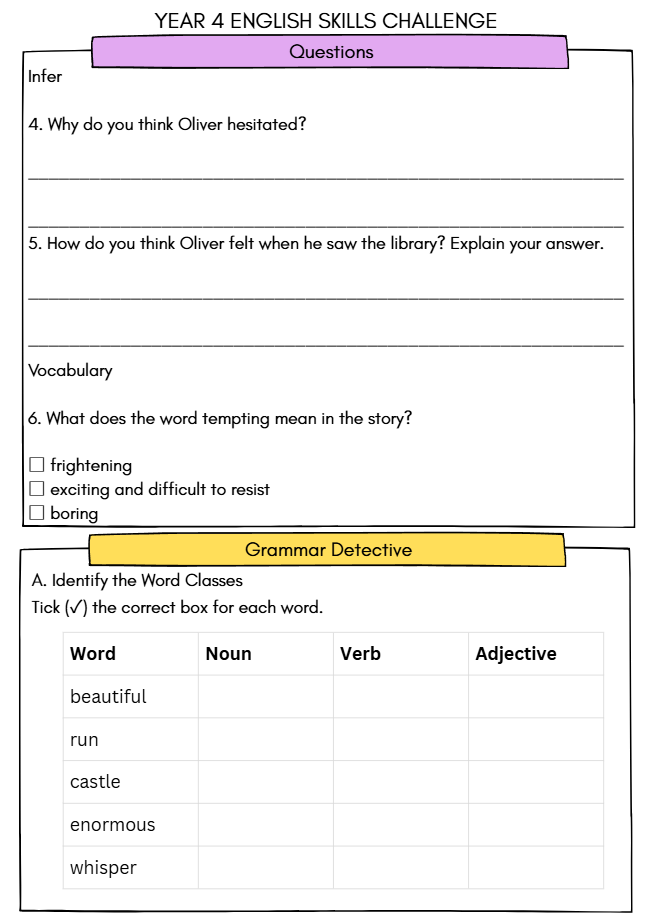 Year 4 English Skills Challenge Worksheet | British Curriculum Reading ...