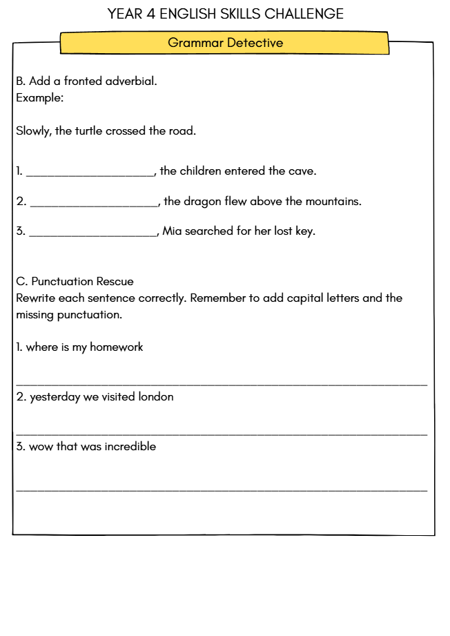 Year 4 English Skills Challenge Worksheet | British Curriculum Reading ...