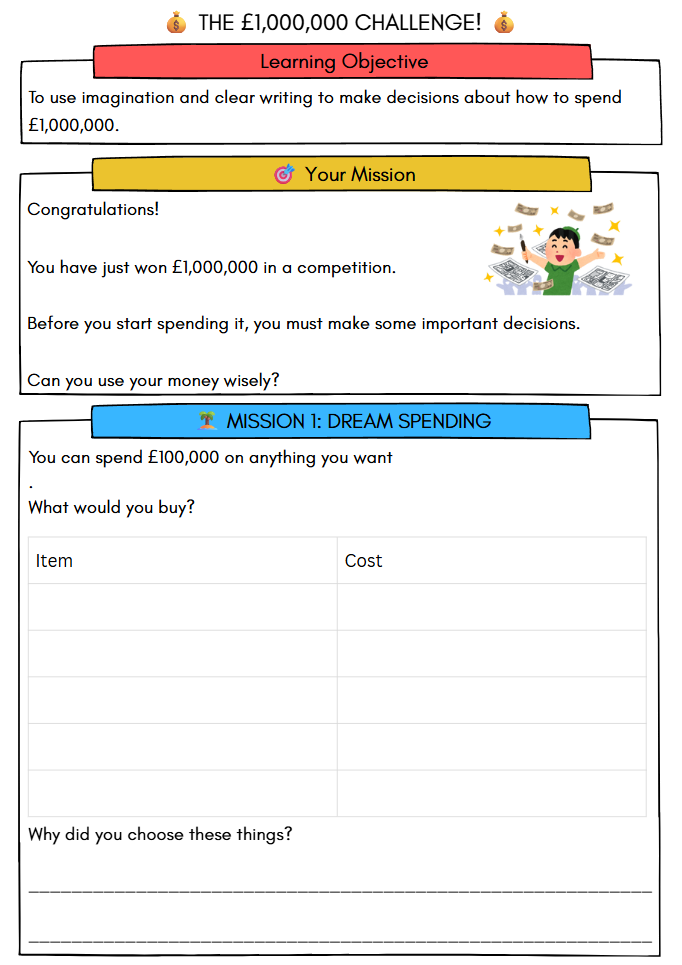 The £1,000,000 Challenge Worksheet | Creative Writing and Critical ...