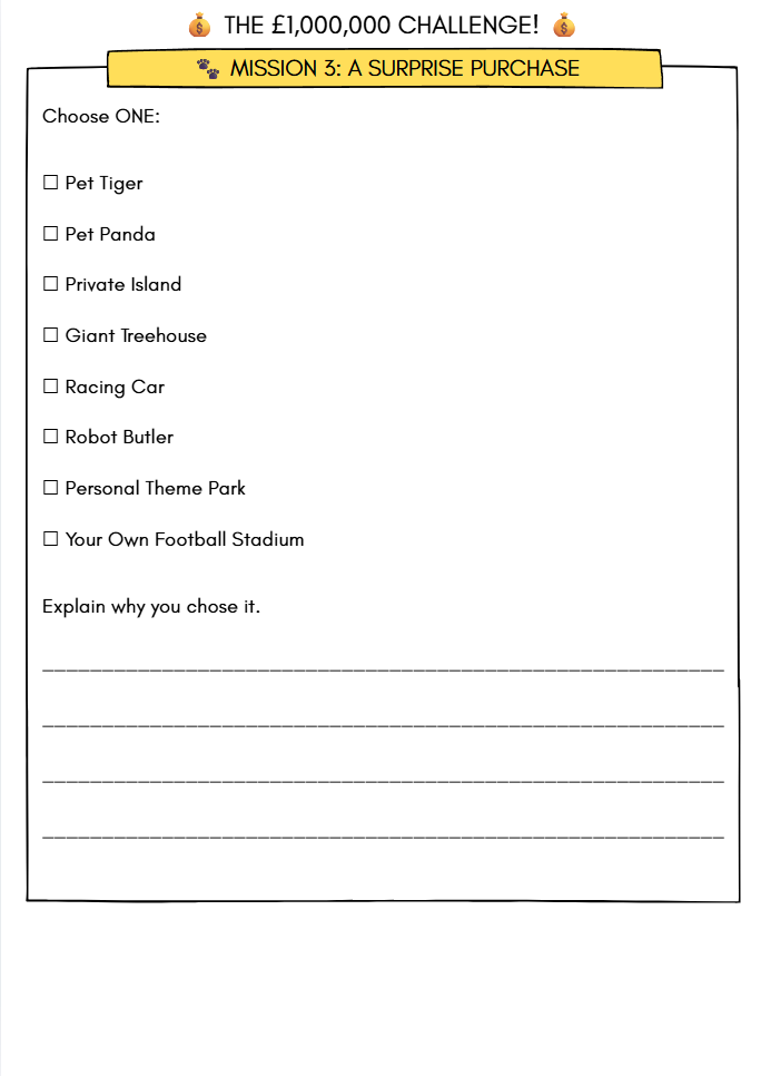 The £1,000,000 Challenge Worksheet | Creative Writing and Critical ...