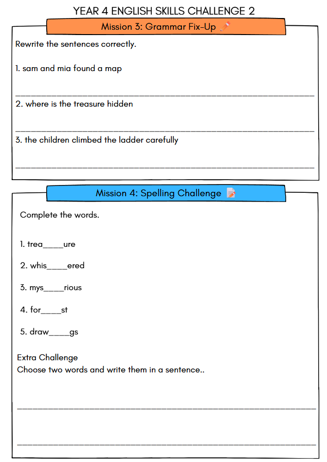 Year 4 English Skills Challenge 2 Worksheet | Reading, Grammar and ...